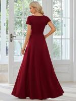 China Sexy Custom Size V-neck Simple Pleated Empire Waist A-line Short Sleeve Burgundy Satin Bridesmaid Dress for sale