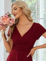 China Sexy Custom Size V-neck Simple Pleated Empire Waist A-line Short Sleeve Burgundy Satin Bridesmaid Dress for sale