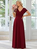 China Sexy Custom Size V-neck Simple Pleated Empire Waist A-line Short Sleeve Burgundy Satin Bridesmaid Dress for sale