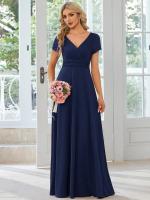 China Sexy Custom Size V-neck Simple Pleated Empire Waist A-line Short Sleeve Dusty Rose Satin Evening Dress for sale