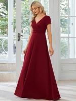 China Sexy Custom Size V-neck Simple Pleated Empire Waist A-line Short Sleeve Dusty Rose Satin Evening Dress for sale