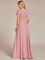 China Sexy Custom Size V-neck Simple Pleated Empire Waist A-line Short Sleeve Dusty Rose Satin Evening Dress for sale