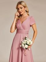 China Sexy Custom Size V-neck Simple Pleated Empire Waist A-line Short Sleeve Dusty Rose Satin Evening Dress for sale