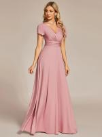 China Sexy Custom Size V-neck Simple Pleated Empire Waist A-line Short Sleeve Dusty Rose Satin Evening Dress for sale