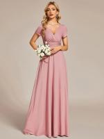 China Sexy Custom Size V-neck Simple Pleated Empire Waist A-line Short Sleeve Dusty Rose Satin Evening Dress for sale