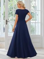 China Sexy Custom Size V-neck Simple Pleated Empire Waist A-line Short Sleeve Navy Blue Satin Party Dress for sale