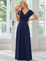 China Sexy Custom Size V-neck Simple Pleated Empire Waist A-line Short Sleeve Navy Blue Satin Party Dress for sale