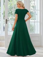 China Sexy Custom Size V-neck Simple Pleated Empire Waist A-line Short Sleeve Dark Green Satin Homecoming Dress for sale