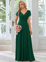 China Sexy Custom Size V-neck Simple Pleated Empire Waist A-line Short Sleeve Dark Green Satin Homecoming Dress for sale