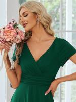 China Sexy Custom Size V-neck Simple Pleated Empire Waist A-line Short Sleeve Dark Green Satin Homecoming Dress for sale
