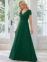 China Sexy Custom Size V-neck Simple Pleated Empire Waist A-line Short Sleeve Dark Green Satin Homecoming Dress for sale