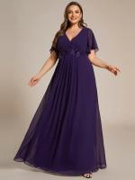 China Empire Plus Size Applique Short Sleeve A-line V-neck Flutter Sleeves Invisible Zipper Navy Blue Chiffon Evening Dress for sale