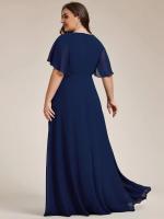 China Empire Plus Size Applique Short Sleeve A-line V-neck Flutter Sleeves Invisible Zipper Navy Blue Chiffon Evening Dress for sale