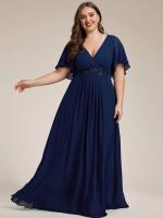 China Empire Plus Size Applique Short Sleeve A-line V-neck Flutter Sleeves Invisible Zipper Navy Blue Chiffon Evening Dress for sale