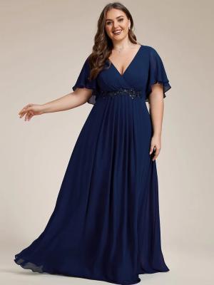 China Empire Plus Size Applique Short Sleeve A-line V-neck Flutter Sleeves Invisible Zipper Navy Blue Chiffon Evening Dress for sale