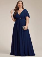 China Empire Plus Size Applique Short Sleeve A-line V-neck Flutter Sleeves Invisible Zipper Black Chiffon Evening Dress for sale