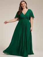 China Empire Plus Size Applique Short Sleeve A-line V-neck Flutter Sleeves Invisible Zipper Black Chiffon Evening Dress for sale