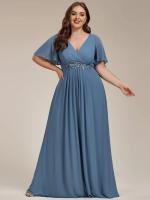 China Empire Plus Size Applique Short Sleeve A-line V-neck Flutter Sleeves Invisible Zipper Black Chiffon Evening Dress for sale