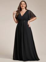 China Empire Plus Size Applique Short Sleeve A-line V-neck Flutter Sleeves Invisible Zipper Black Chiffon Evening Dress for sale