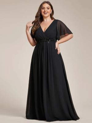 China Empire Plus Size Applique Short Sleeve A-line V-neck Flutter Sleeves Invisible Zipper Black Chiffon Evening Dress for sale