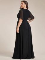 China Empire Plus Size Applique Short Sleeve A-line V-neck Flutter Sleeves Invisible Zipper Black Chiffon Evening Dress for sale
