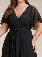 China Empire Plus Size Applique Short Sleeve A-line V-neck Flutter Sleeves Invisible Zipper Black Chiffon Evening Dress for sale