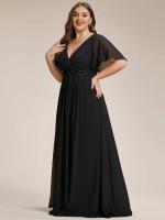 China Empire Plus Size Applique Short Sleeve A-line V-neck Flutter Sleeves Invisible Zipper Black Chiffon Evening Dress for sale