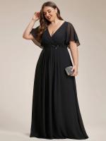China Empire Plus Size Applique Short Sleeve A-line V-neck Flutter Sleeves Invisible Zipper Black Chiffon Evening Dress for sale