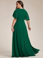 China Empire Plus Size Applique Short Sleeve A-line V-neck Flutter Sleeves Invisible Zipper Dark Green Chiffon Bridesmaid Dres for sale