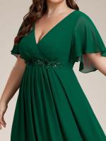 China Empire Plus Size Applique Short Sleeve A-line V-neck Flutter Sleeves Invisible Zipper Dark Green Chiffon Bridesmaid Dres for sale