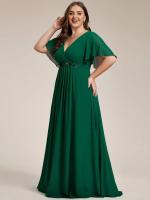 China Empire Plus Size Applique Short Sleeve A-line V-neck Flutter Sleeves Invisible Zipper Dark Green Chiffon Bridesmaid Dres for sale