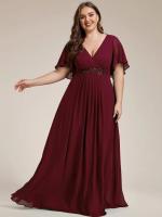 China Empire Plus Size Applique Short Sleeve A-line V-neck Flutter Sleeves Invisible Zipper Dusty Navy Chiffon Bridesmaid Dres for sale