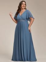 China Empire Plus Size Applique Short Sleeve A-line V-neck Flutter Sleeves Invisible Zipper Dusty Navy Chiffon Bridesmaid Dres for sale