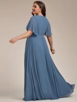 China Empire Plus Size Applique Short Sleeve A-line V-neck Flutter Sleeves Invisible Zipper Dusty Navy Chiffon Bridesmaid Dres for sale