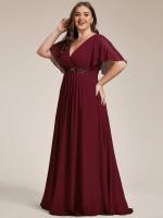 China Empire Plus Size Applique Short Sleeve A-line V-neck Flutter Sleeves Invisible Zipper Burgundy Chiffon Homecoming Dress for sale