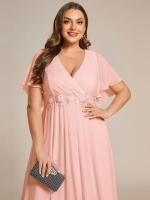 China Empire Plus Size Applique Short Sleeve A-line V-neck Flutter Sleeves Invisible Zipper Pink Chiffon Party Dress for sale