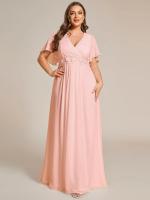 China Empire Plus Size Applique Short Sleeve A-line V-neck Flutter Sleeves Invisible Zipper Pink Chiffon Party Dress for sale