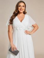 China Empire Plus Size Applique Short Sleeve A-line V-neck Flutter Sleeves Invisible Zipper Cream Chiffon Prom Dress for sale