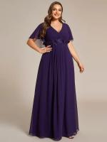 China Empire Plus Size Applique Short Sleeve A-line V-neck Flutter Sleeves Invisible Zipper Dark Purple Chiffon Homecoming Dre for sale