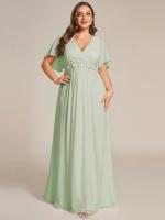China Empire Plus Size Applique Short Sleeve A-line V-neck Flutter Sleeves Invisible Zipper Mint Green Chiffon Graduation Dres for sale