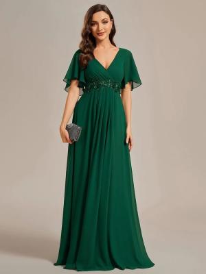 China Sexy Empire Applique A-line Short Flutter Sleeves V-neck Invisible Zipper Dark Green Chiffon Evening Dress for sale