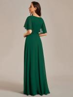 China Sexy Empire Applique A-line Short Flutter Sleeves V-neck Invisible Zipper Dark Green Chiffon Evening Dress for sale