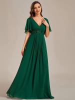China Sexy Empire Applique A-line Short Flutter Sleeves V-neck Invisible Zipper Dark Green Chiffon Evening Dress for sale
