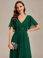 China Sexy Empire Applique A-line Short Flutter Sleeves V-neck Invisible Zipper Dark Green Chiffon Evening Dress for sale