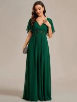 China Sexy Empire Applique A-line Short Flutter Sleeves V-neck Invisible Zipper Dark Green Chiffon Evening Dress for sale