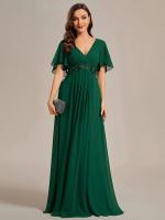 China Charming Empire Applique A-line Short Flutter Sleeves V-neck Invisible Zipper Mint Green Chiffon Evening Dress for sale