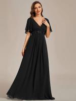 China Charming Empire Applique A-line Short Flutter Sleeves V-neck Invisible Zipper Mint Green Chiffon Evening Dress for sale