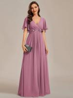 China Charming Empire Applique A-line Short Flutter Sleeves V-neck Invisible Zipper Mint Green Chiffon Evening Dress for sale