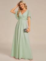 China Charming Empire Applique A-line Short Flutter Sleeves V-neck Invisible Zipper Mint Green Chiffon Evening Dress for sale
