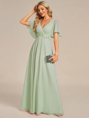 China Charming Empire Applique A-line Short Flutter Sleeves V-neck Invisible Zipper Mint Green Chiffon Evening Dress for sale